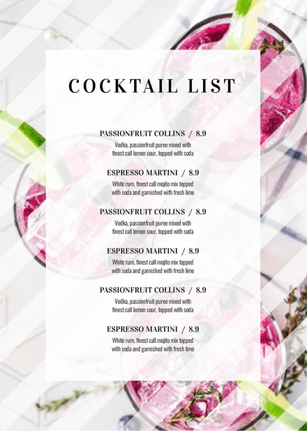 Cocktail List with colorful drinks Background - A4 Portrait Document ...